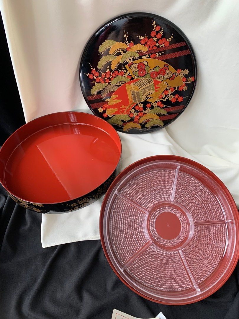 NOS 12” SHOWA RETRO FANS WITH FLOWERS 2-TIER JAPAN BLACK LACQUERWARE ...