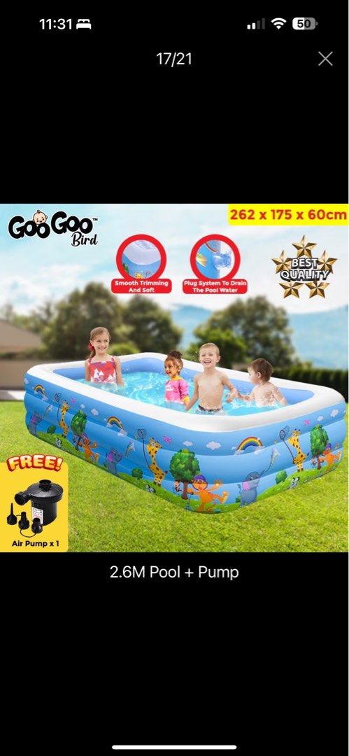 (Ready Stock) GOOGOO BIRD Rectangular 3 Rings Inflatable Swimming Pool ...