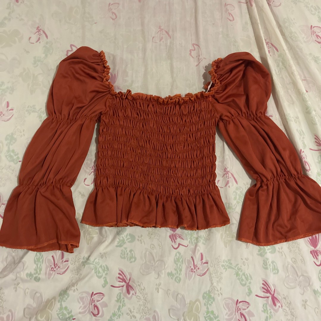 Rust orange puff sleeves 3/4 length crop top, Women's Fashion, Tops ...