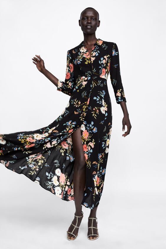 Zara Black Flora Print Buttoned Down Collared 3/4 Sleeves Midi Dress ...