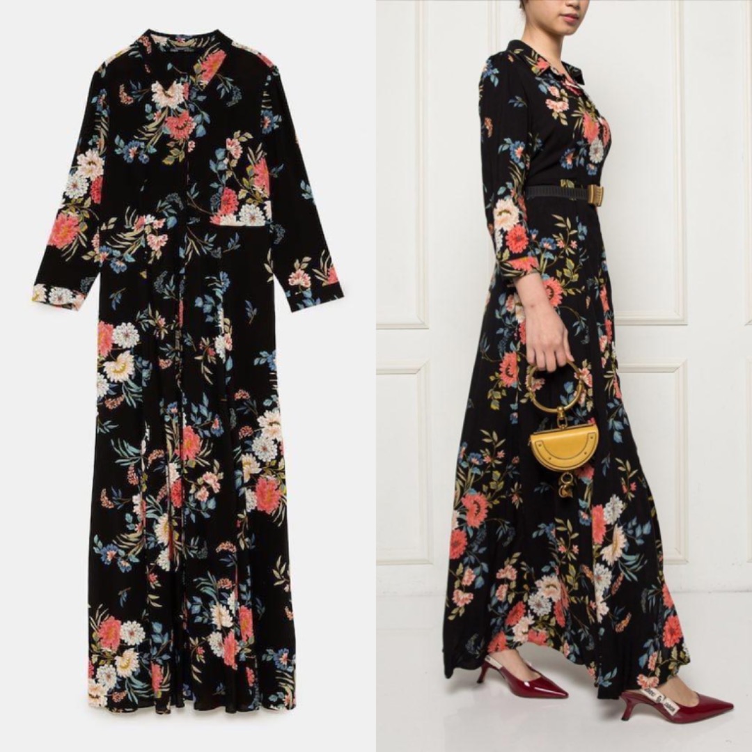 Zara Black Flora Print Buttoned Down Collared 3/4 Sleeves Midi Dress ...
