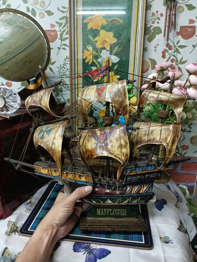 1970s wood&leather mayflower handmade ship stunning large decor ...