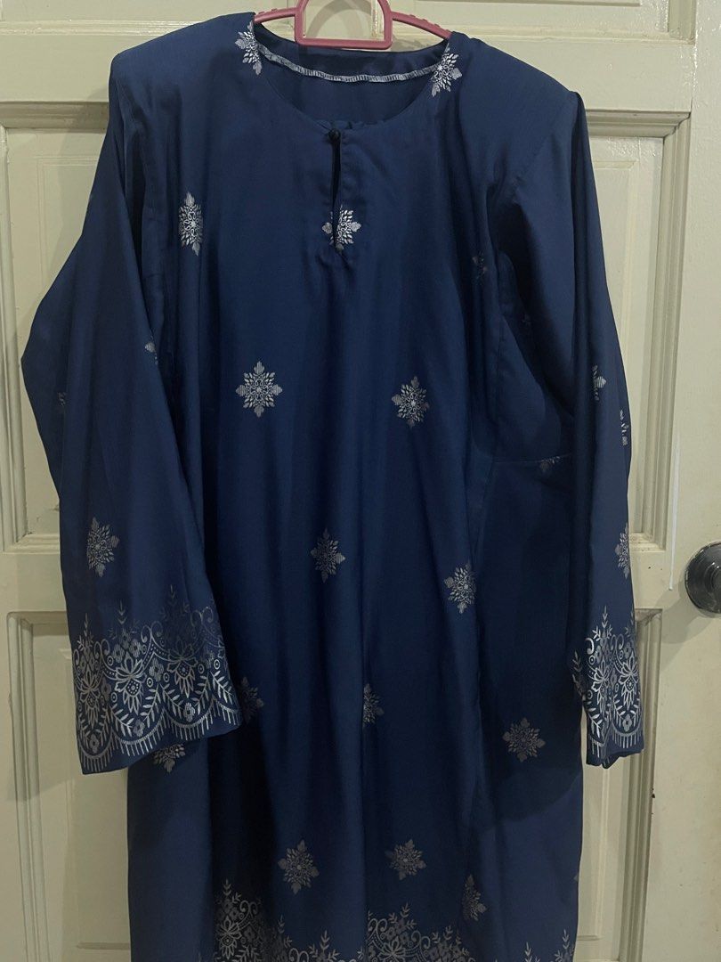 baju raya baju kurung songket kain jakel in blue black, Women's Fashion ...