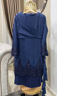 Baju Raya Navy Blue, Women's Fashion, Muslimah Fashion, Baju Kurung ...