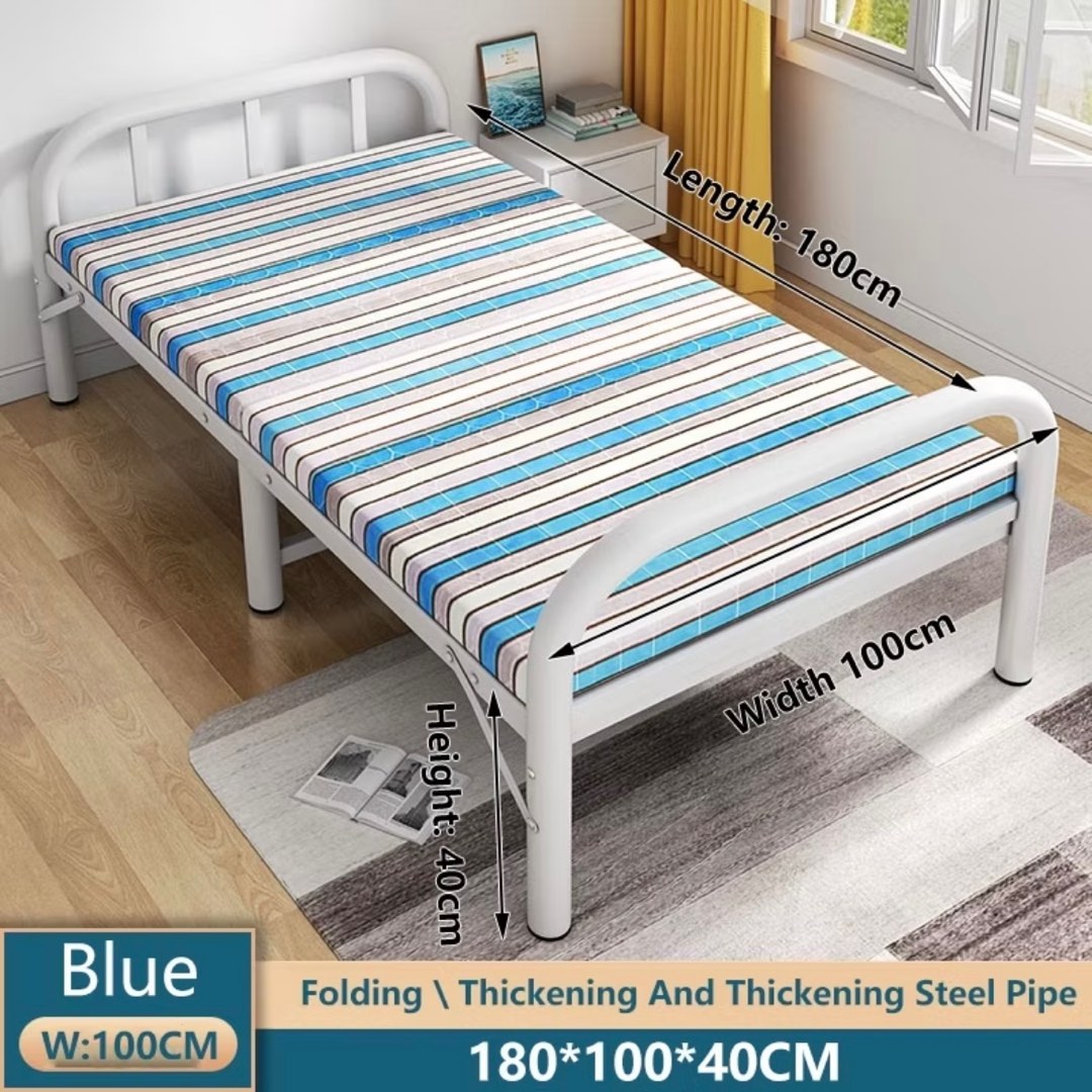 Blue Striped Foldable Metal Bed | Sturdy Steel Frame Bed With ...