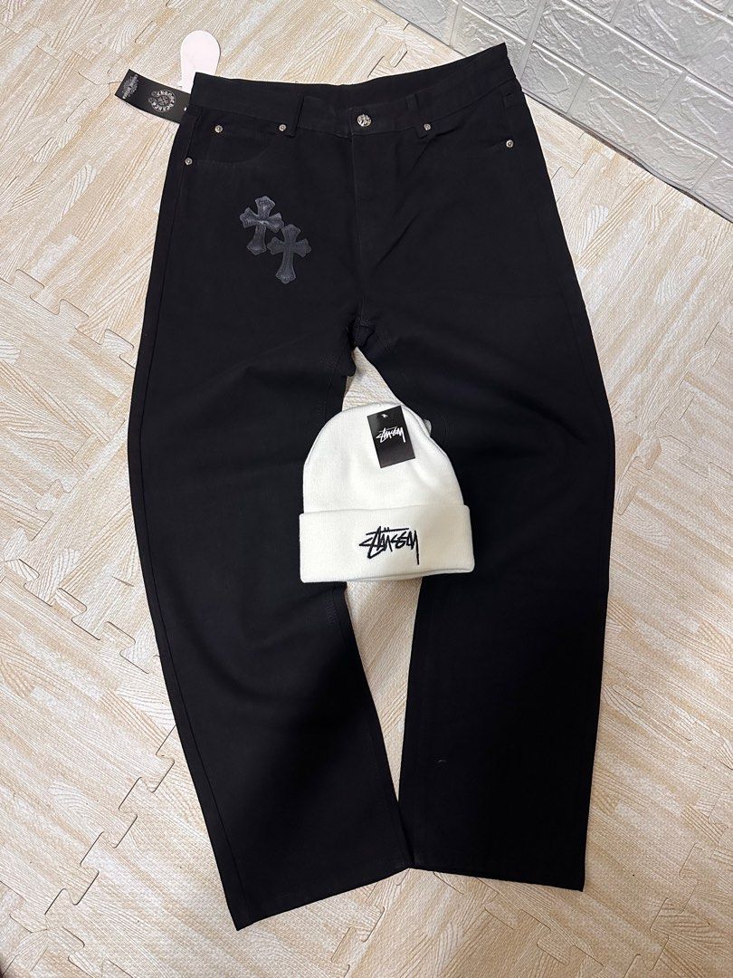 chrome hearts black leather cross, patch leather pants., 他的時尚, 褲子, 牛仔褲在旋轉拍賣
