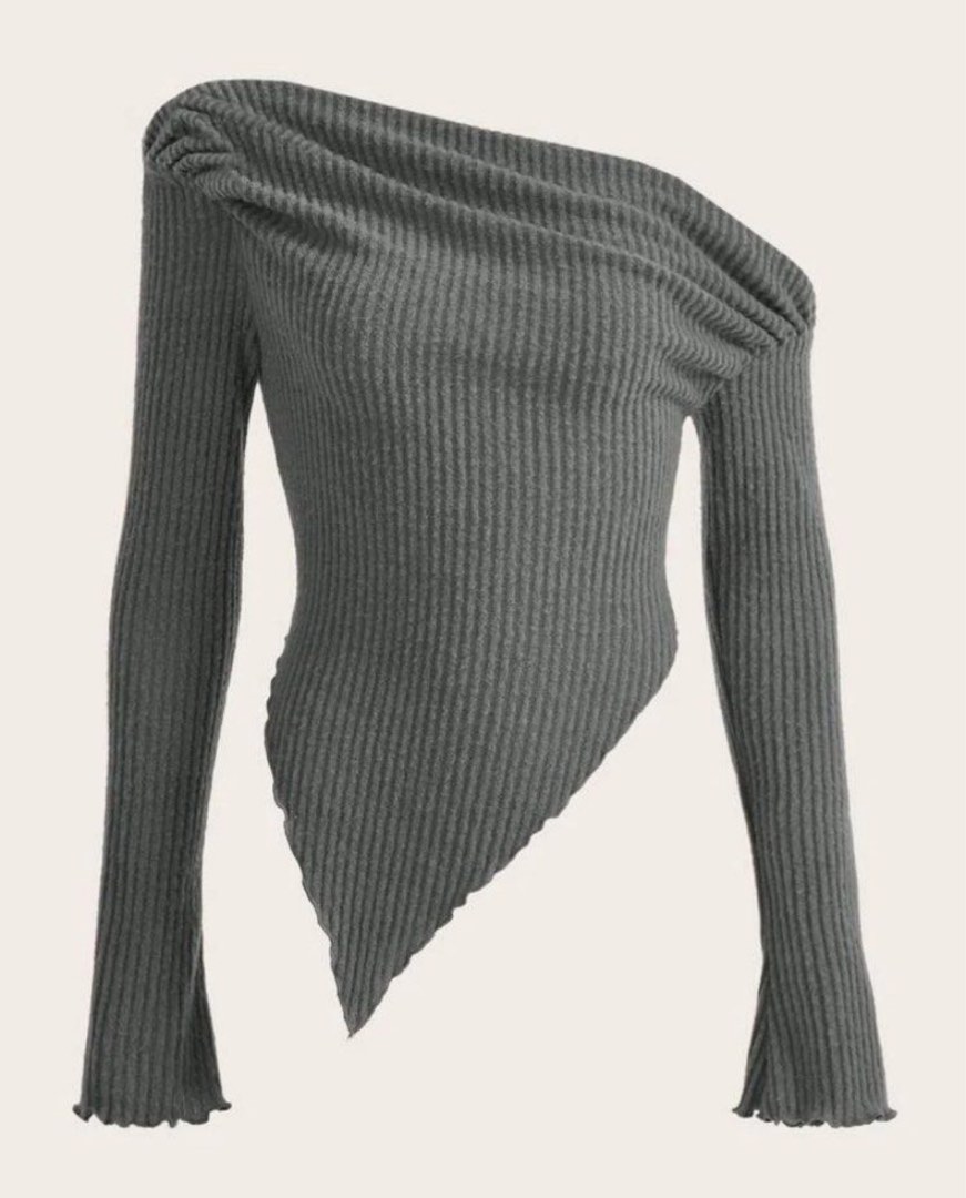 Gray Shein Rib-Knit One Sided Off Shoulder Asymmetrical Top, Women's ...