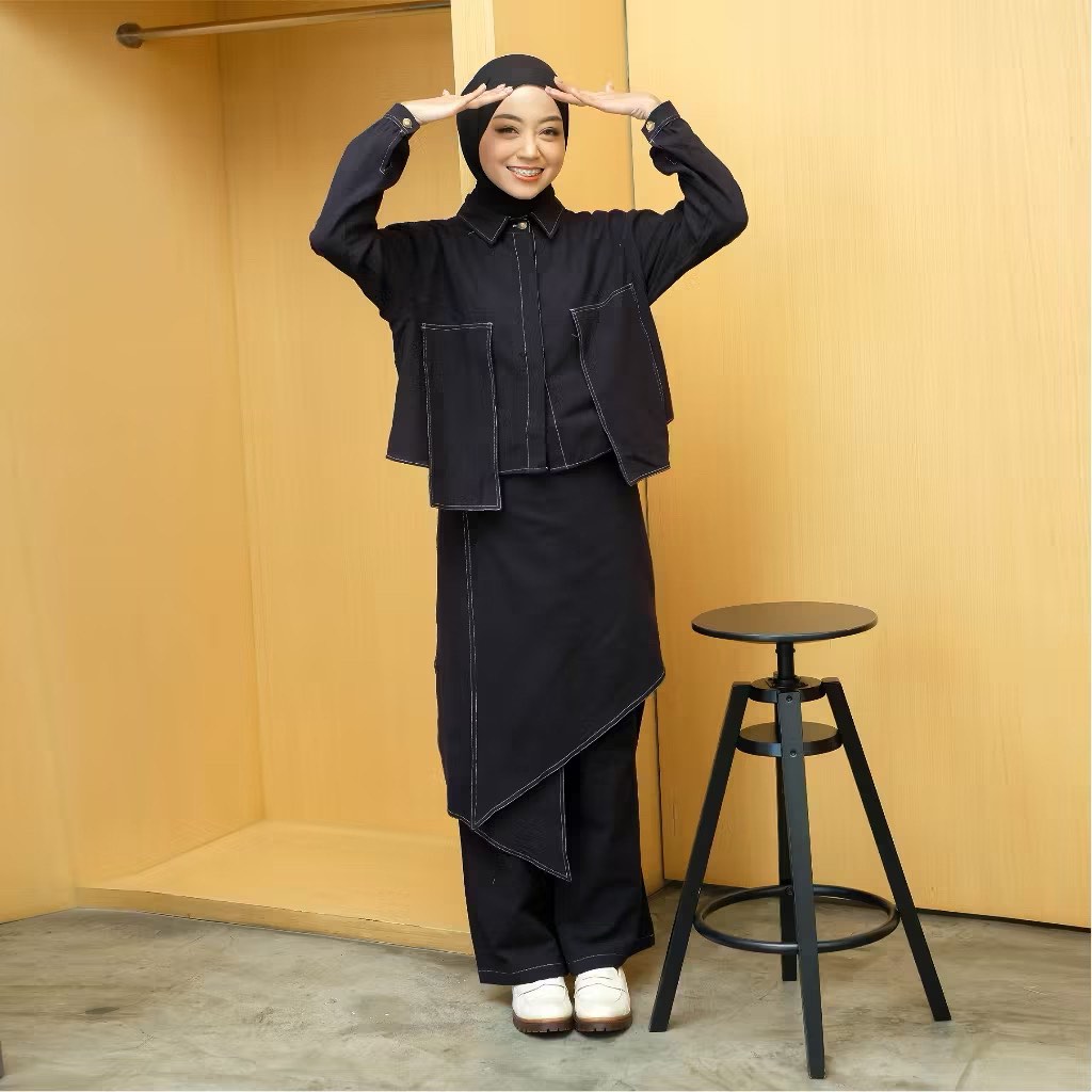 Lozy Hijab - Naomi Set (One Set Linen Cropty) warna black, Fesyen ...