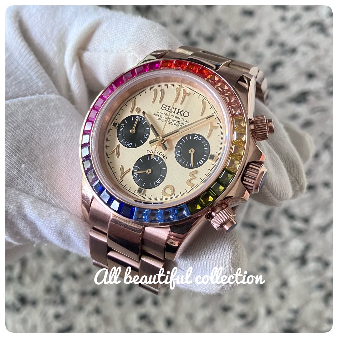 Seiko mod Rose Gold Arabic Daytona Rainbow Gem bezel chronograph watch ...