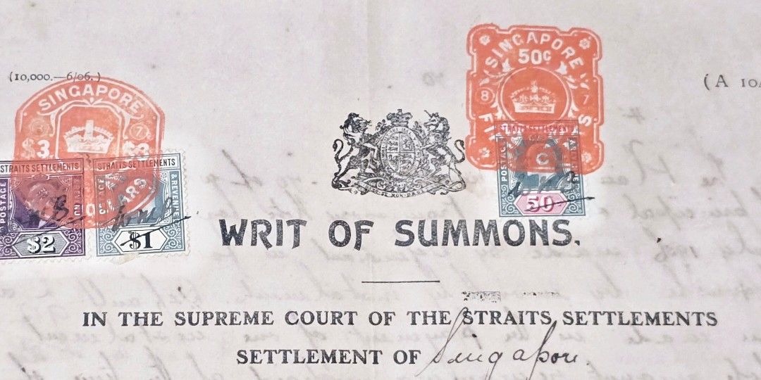 1907/1908 Writ of Summons, Supreme Court, Srtaits Settlements Singapore ...
