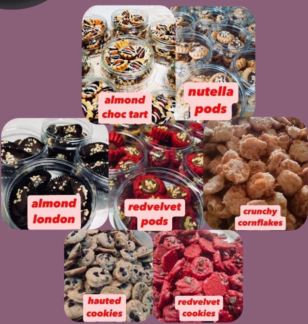 almond choc tart , nutella pods , almond landons , red velvet pods ...