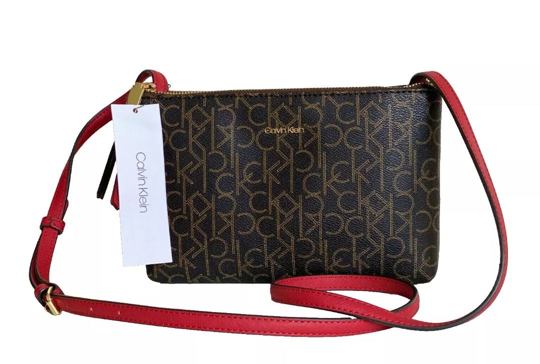 CALVIN KLEIN CK BROWN / KHAKI / RED DOUBLE ZIP CROSSBODY SLING BAG ...