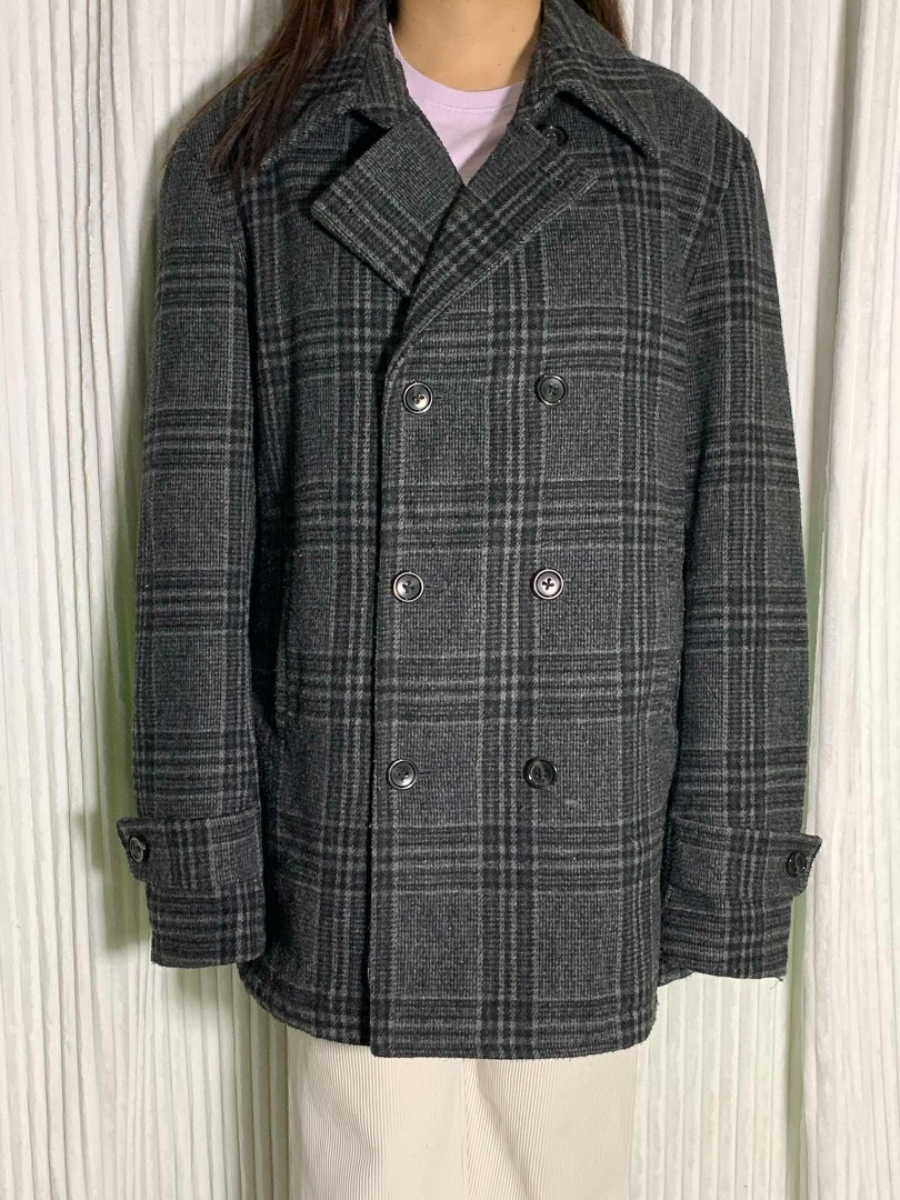 GU MEN'S PLAID WOOL BLEND PADDED PEACOAT, Men's Fashion, Coats, Jackets and Outerwear on Carousell