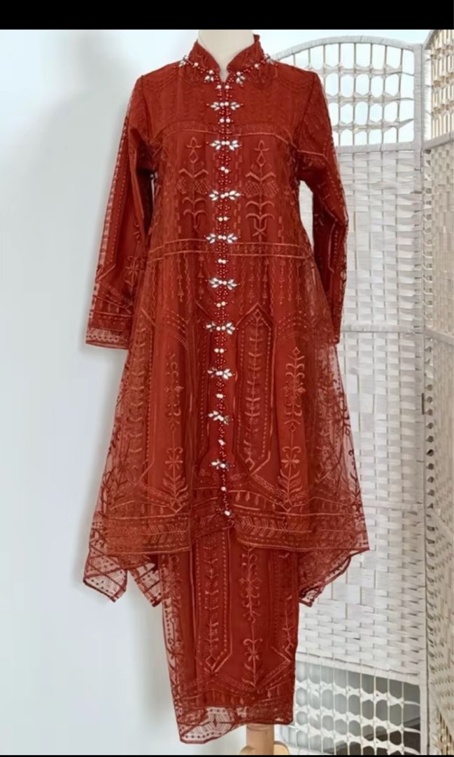 Kebaya lace indonesia in brick orange, Women's Fashion, Dresses & Sets ...