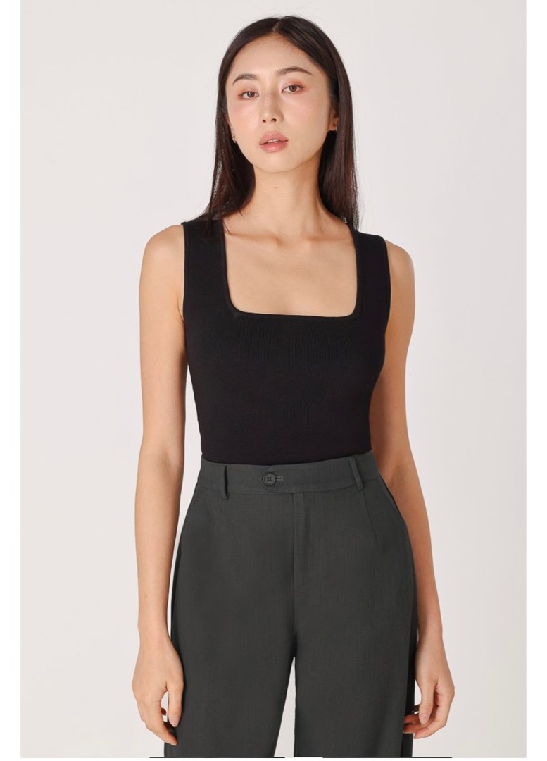 LOVET HAYES SQUARE NECK BASIC KNIT TOP (BLACK), Women's Fashion, Tops, Sleeveless on Carousell