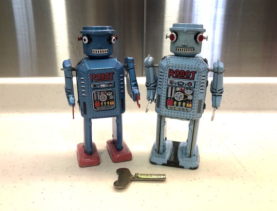 Vintage! SET OF TWO 13-CM TALL TIN METAL MECHANICAL WIND-UP WALKING ...