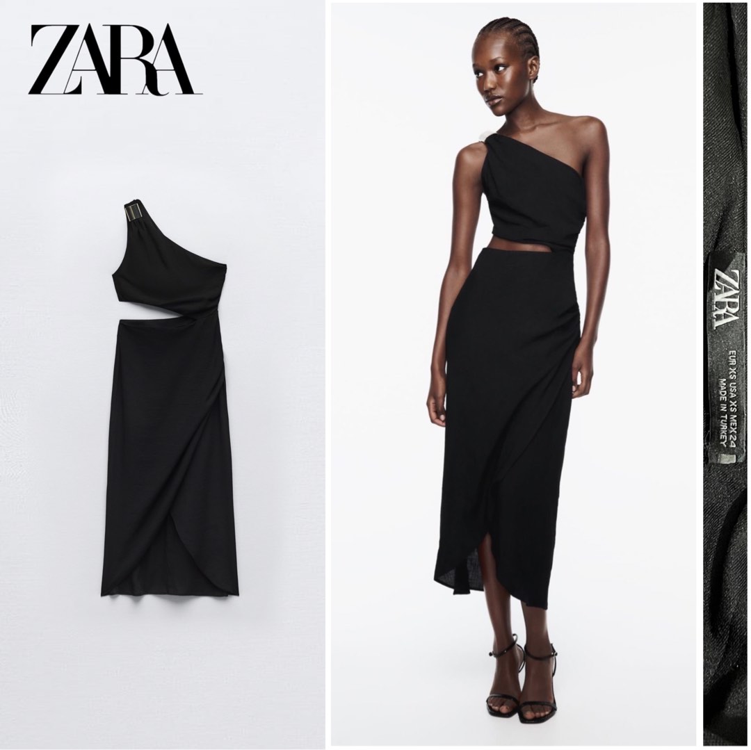 ZARA Black One Side Cut Out Slit Midi Maxi Dress, Women's Fashion ...