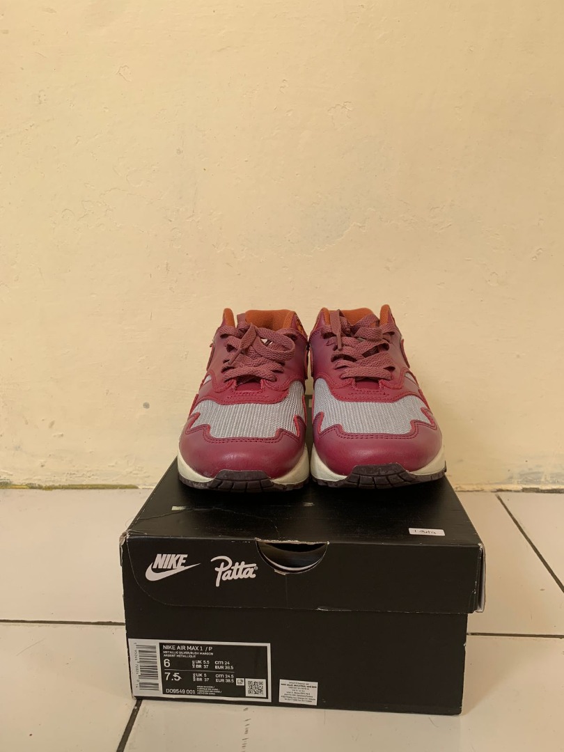 AIR MAX 1 PATTA RUSH MAROON, Fesyen Pria, Sepatu , Sneakers di Carousell