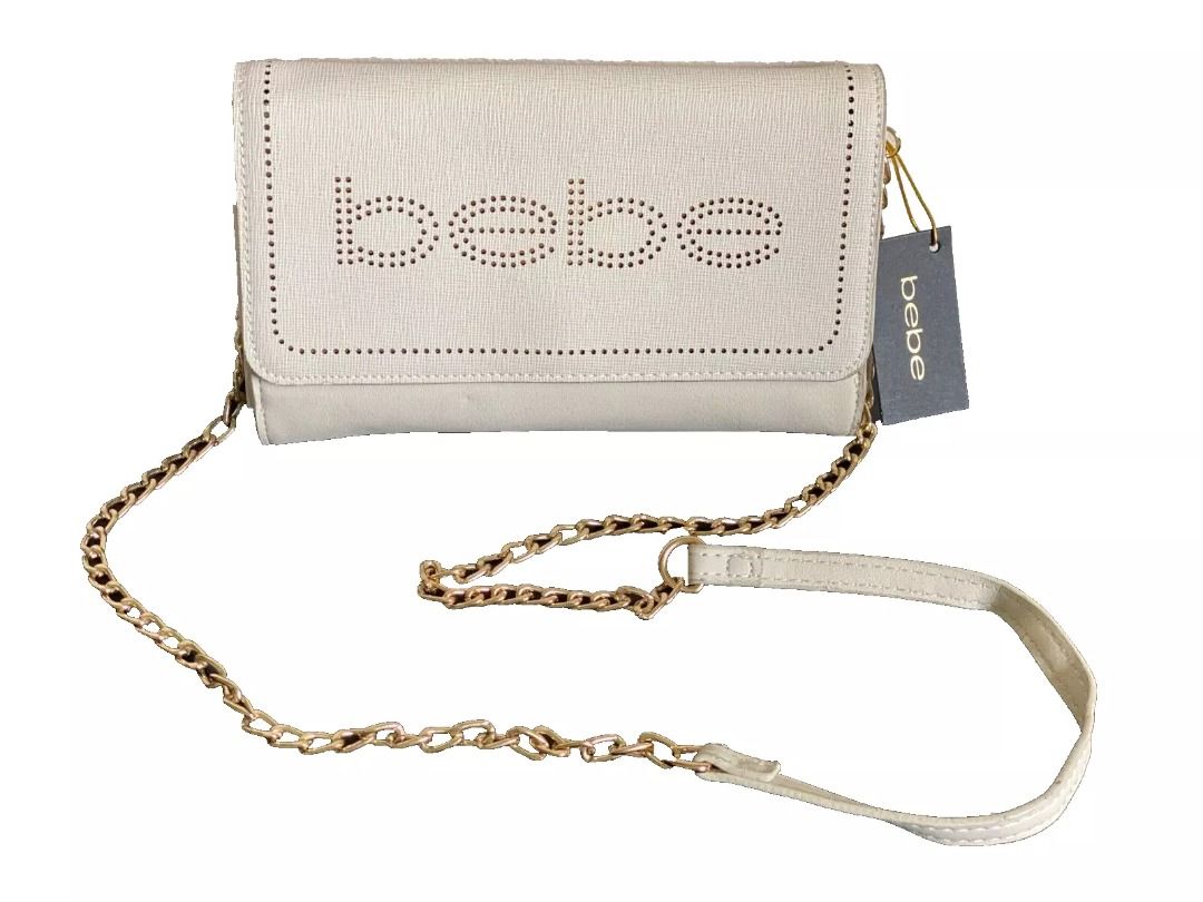 BEBE NAOMI PERFORATED LOGO STONE BROWN CLUTCH CROSSBODY SLING BAG PURSE ...