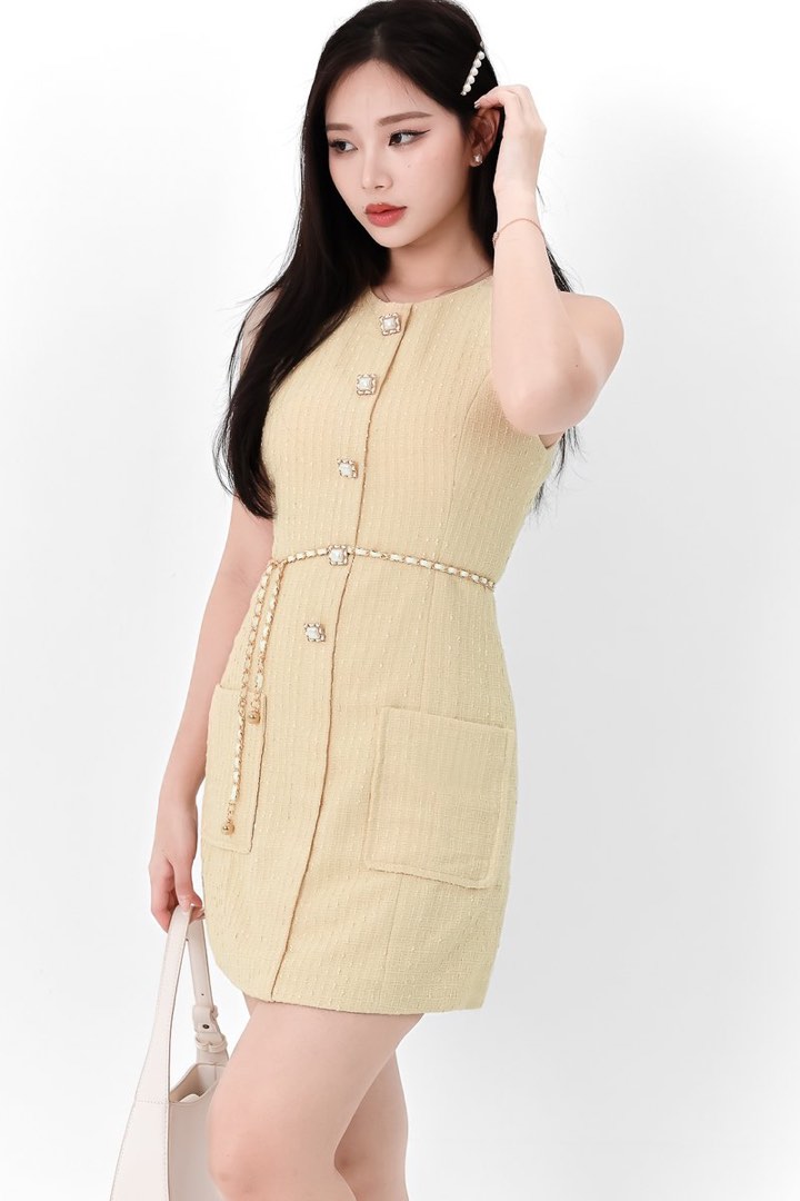 BNWT TSS Thea Tweed Chain Dress In Pale Yellow, Women's Fashion ...