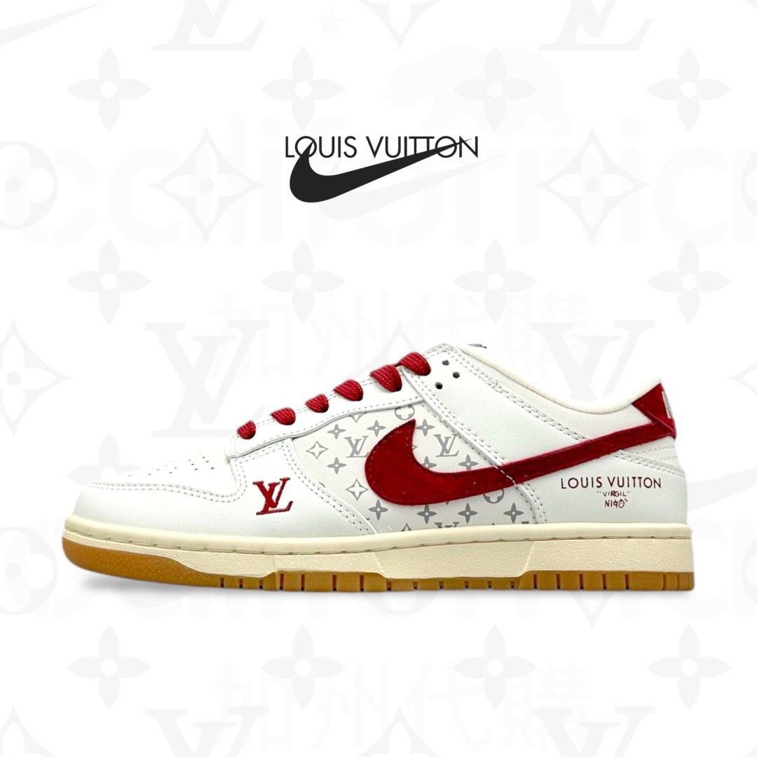 可分期👟聯名款Louis Vuitton路易威登 x NIKE Dunk Low 白底紅勾紅色LV字樣｜白紅米棕｜老花｜焦糖色底｜小白鞋｜聯乘 ...