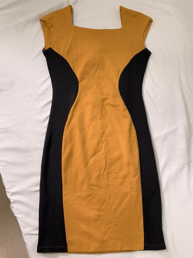 Mustard and black bodycon illusion office dress, Women's Fashion ...