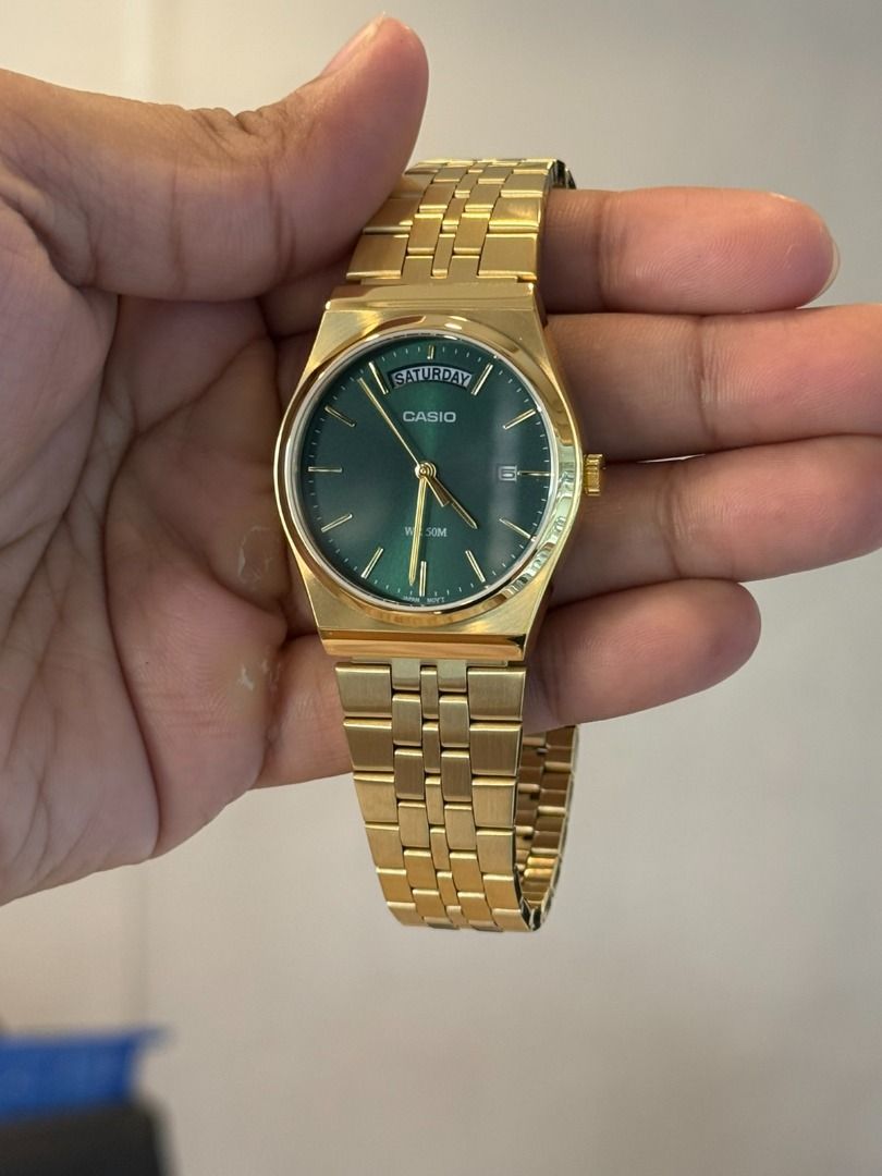 ORIGINAL CASIO Analog Green Dial Day & Date Gold Stainless Steel Unisex ...