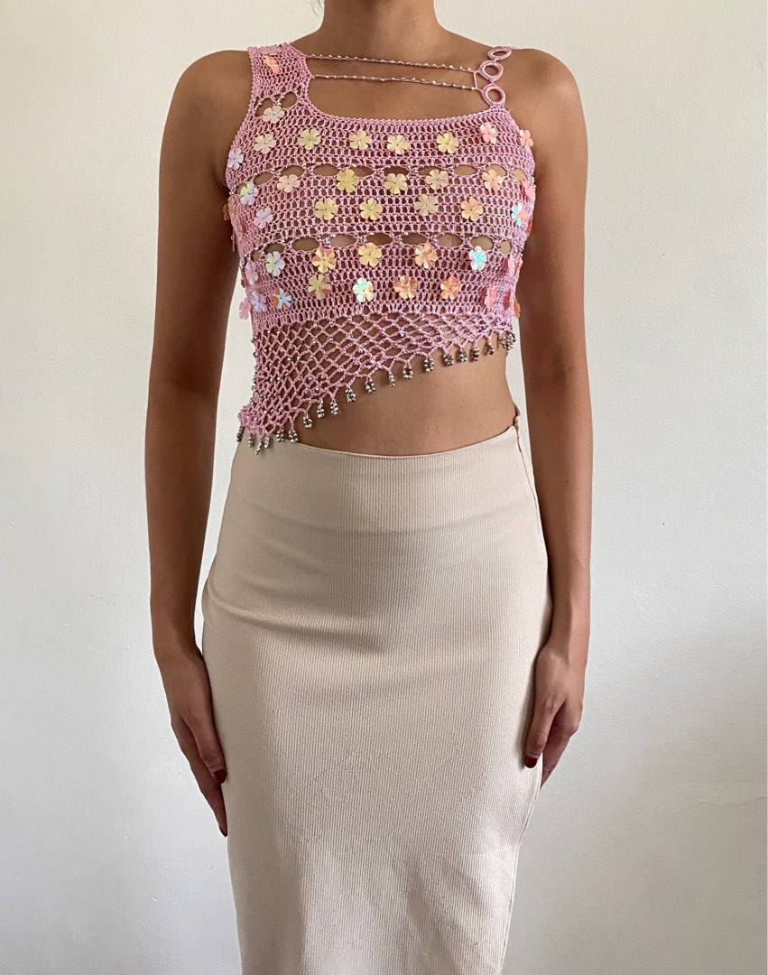 Rare baby pink beaded knit top, Women's Fashion, Tops, Blouses on Carousell