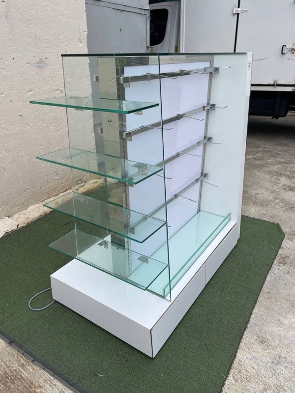 YC15B2 Rak Pameran Kaca Glass Gondola Display Rack with Rollers White ...