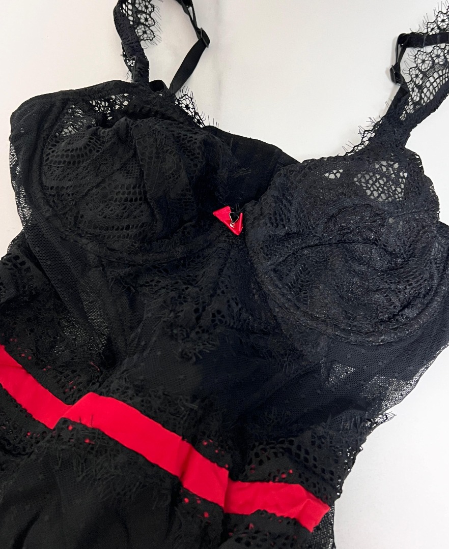 （Size: 90B ) 特價歐美Sexy black Fancy Red ribbon / see through mesh Corset ...