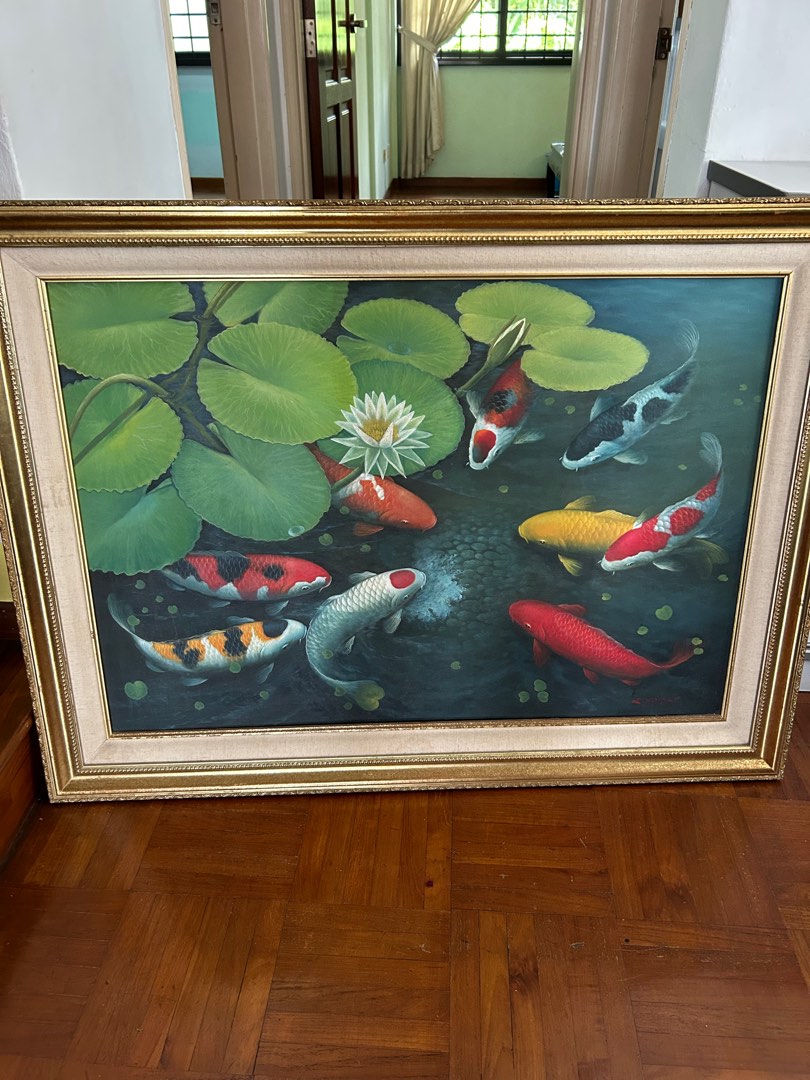 Carp painting with golden frame, Furniture & Home Living, Home Decor ...