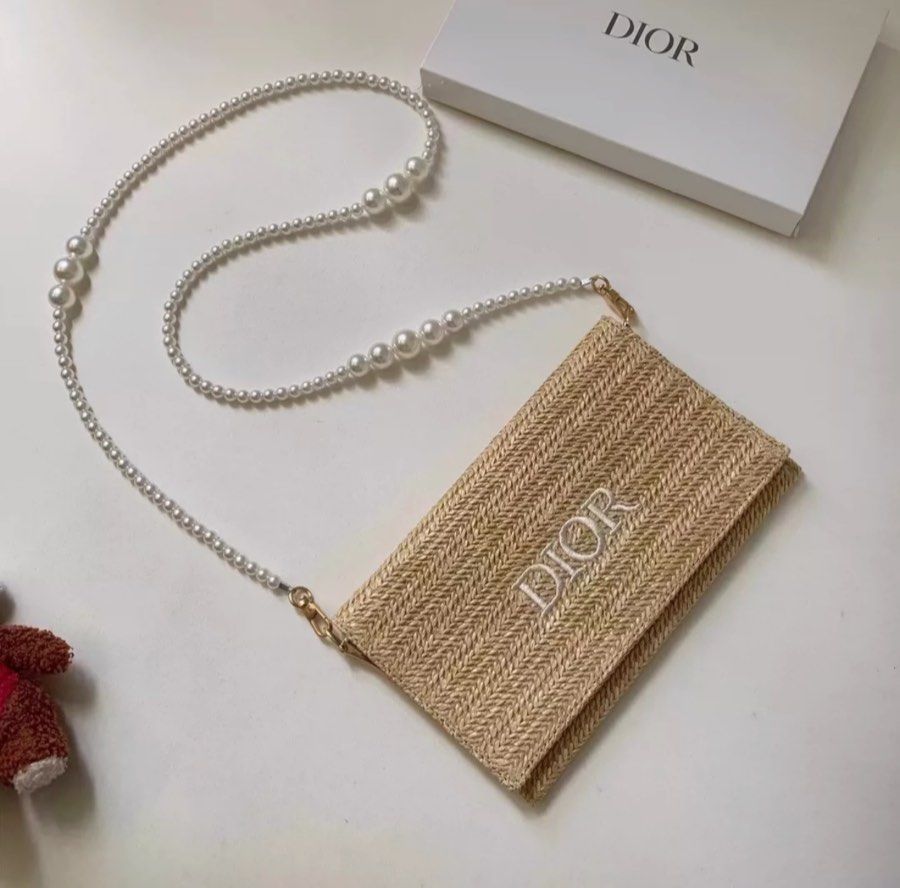Dior Raffia Clutch Rattan Trousse Wicker Pouch With pearl Handbag Strap ...