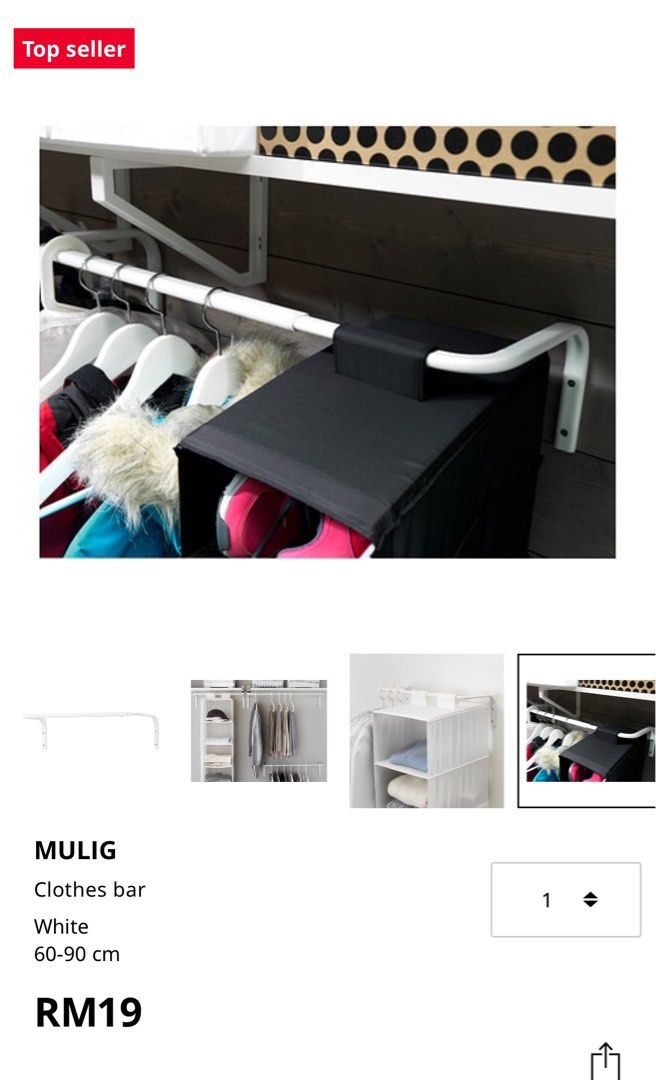 IKEA Mulig adjustable clothes bar 60-90cm, Furniture & Home Living ...