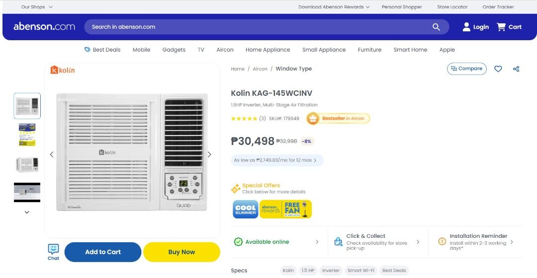 Kolin 1.5HP Quad-Series (KAG-145WCINV) Inverter Window Type Air ...