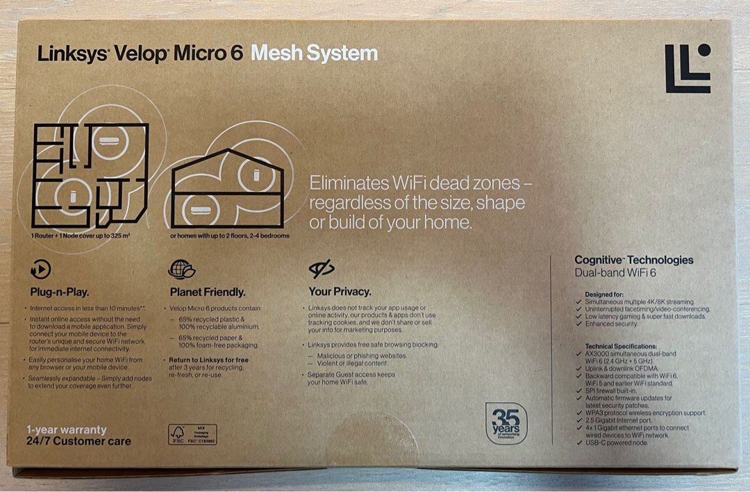 Linksys Velop Micro 6 AX3000 雙頻 Mesh WiFi 6 Router 無綫路由器 兩件裝 (1母1子套裝 ...