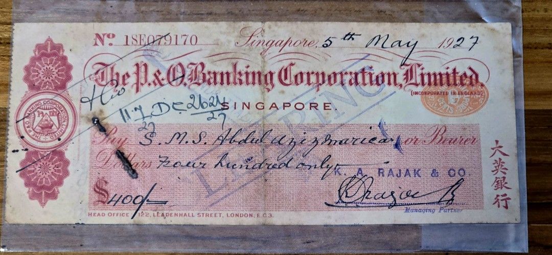 1927 Singapore bank cheque ( The P and O Banking Corporation Ltd) with ...