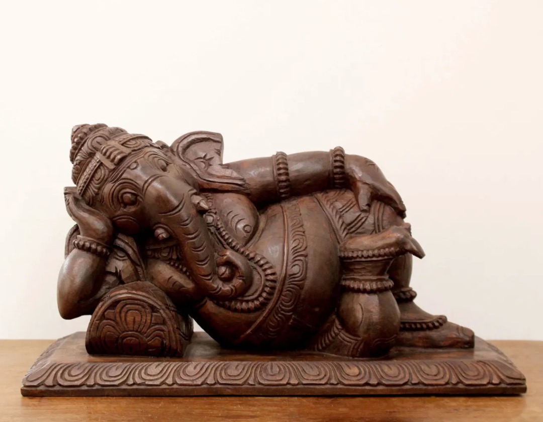 Reclining Ganesha Wooden Statue | Hand-Carved Ganapati Idol | Hindu God ...