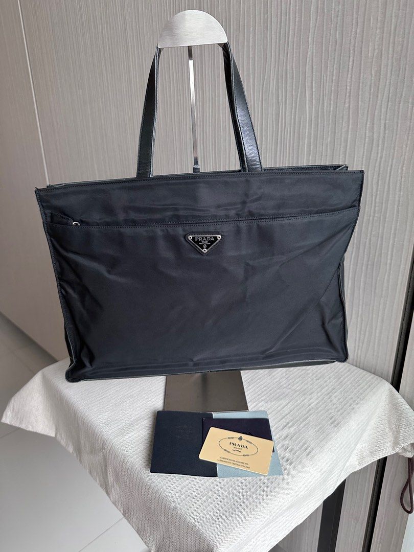 (Rtp $4k) Prada Re Nylon Business Tote Bag Black Leather, Luxury ...