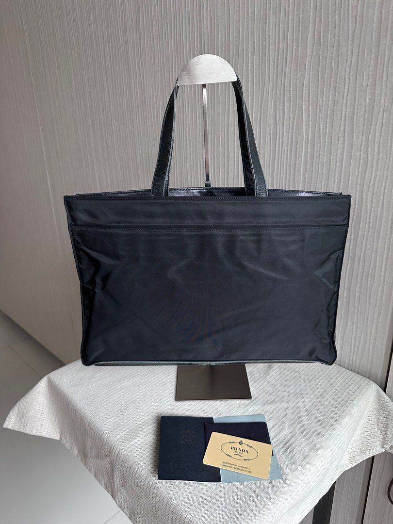 (Rtp $4k) Prada Re Nylon Business Tote Bag Black Leather, Luxury ...