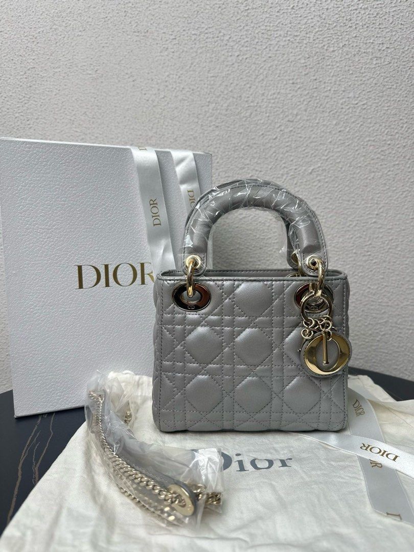 (SG Ready stock)100% authentic mini top flap LADY DIOR pearlescent grey ...