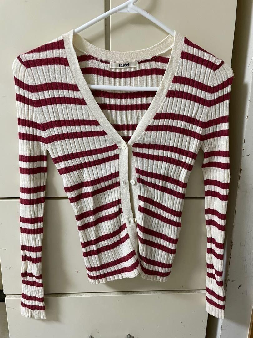 日本牌子 Snidel 法式優雅紅白間條圖案V領針織外套 薄外套 防曬小外套 上衣 冷衫 毛衣 French style stripe cardigan knit top outer ...
