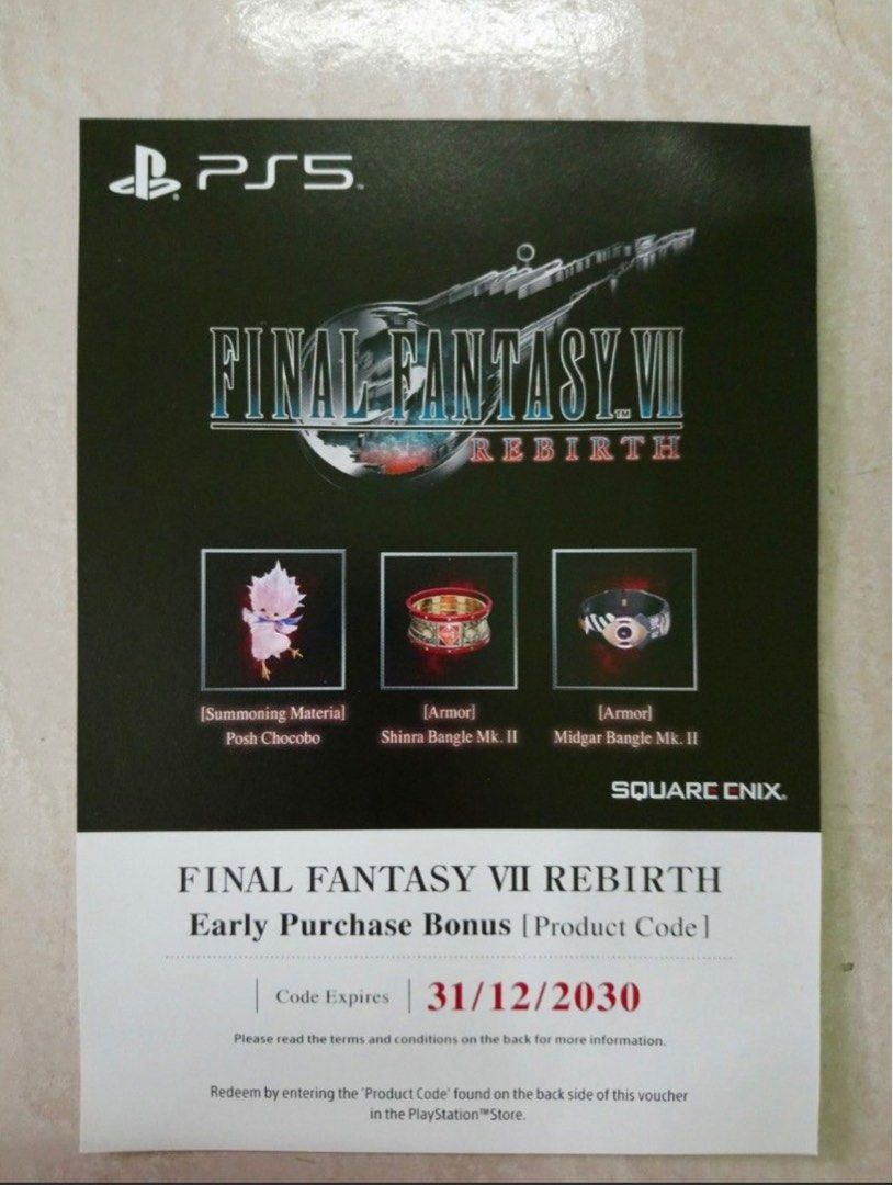PS5 Game Final Fantasy VII 7 Rebirth Preorder DLC Code, Video Gaming, Video Games, PlayStation ...