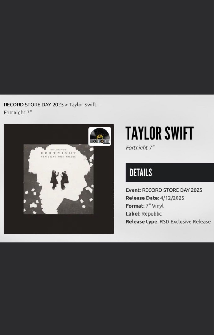 Taylor Swift Fortnight 7" vinyl RSD, 興趣及遊戲, 音樂、樂器 & 配件, 音樂與媒體 - 黑膠碟 ...