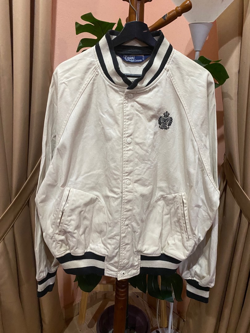 Vintage Polo Ralph Lauren Varsity Jacket Made in Malaysia Cream Black ...