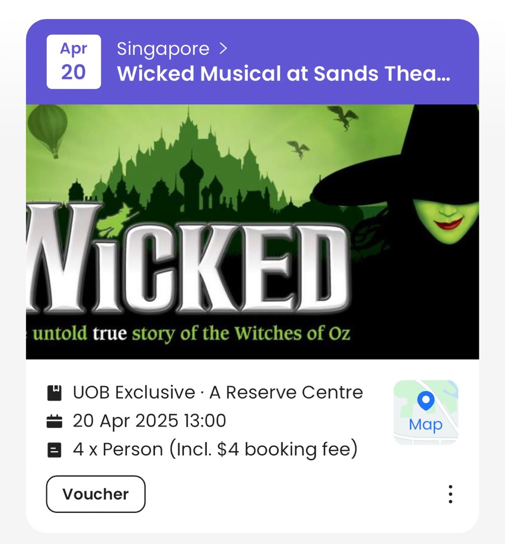 Wicked Musical - 4 tickets - A reserve centre - April 20th 1pm, Tickets ...