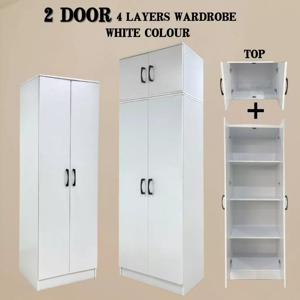 2 Door Wardrobe with 3 Shelves and Add on Top Storage (3 Colours ...