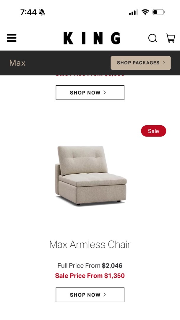 King Living Max Armless Sofa Chair, Furniture & Home Living, Furniture ...