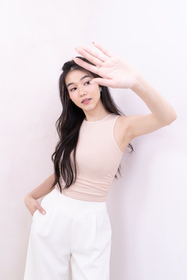 Mikayla (BARE/BASIC) Marisa Racer Side Ruched Top in Ivory Beige, Women ...