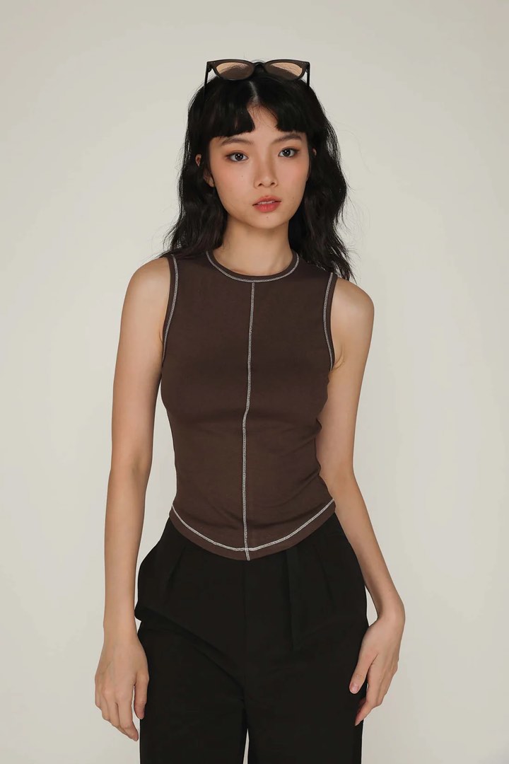 [TTR] Rory Contrast Stitching Curved Hem Top Limited Edition (Brown ...