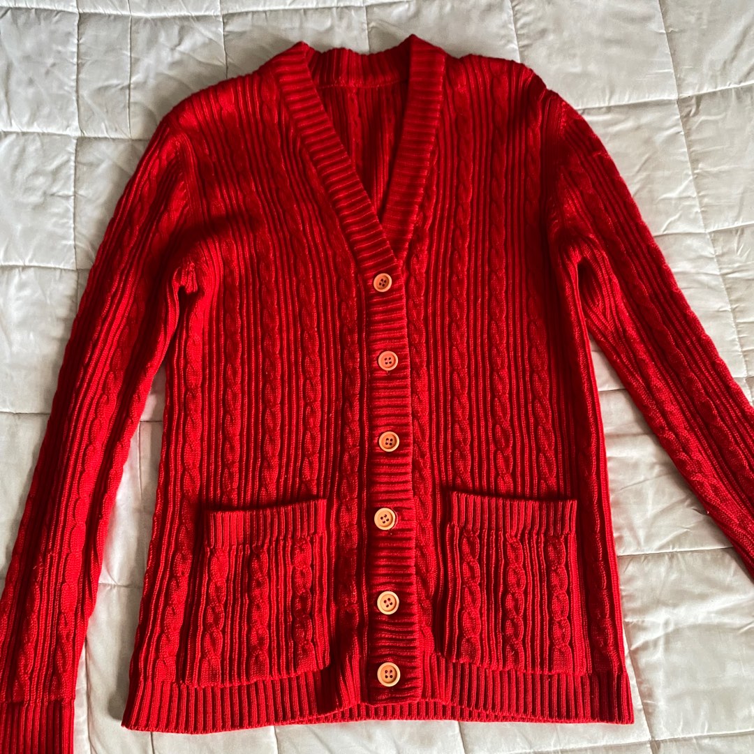 Vintage Red Cable Knit Cardigan, Women's Fashion, Coats, Jackets and ...